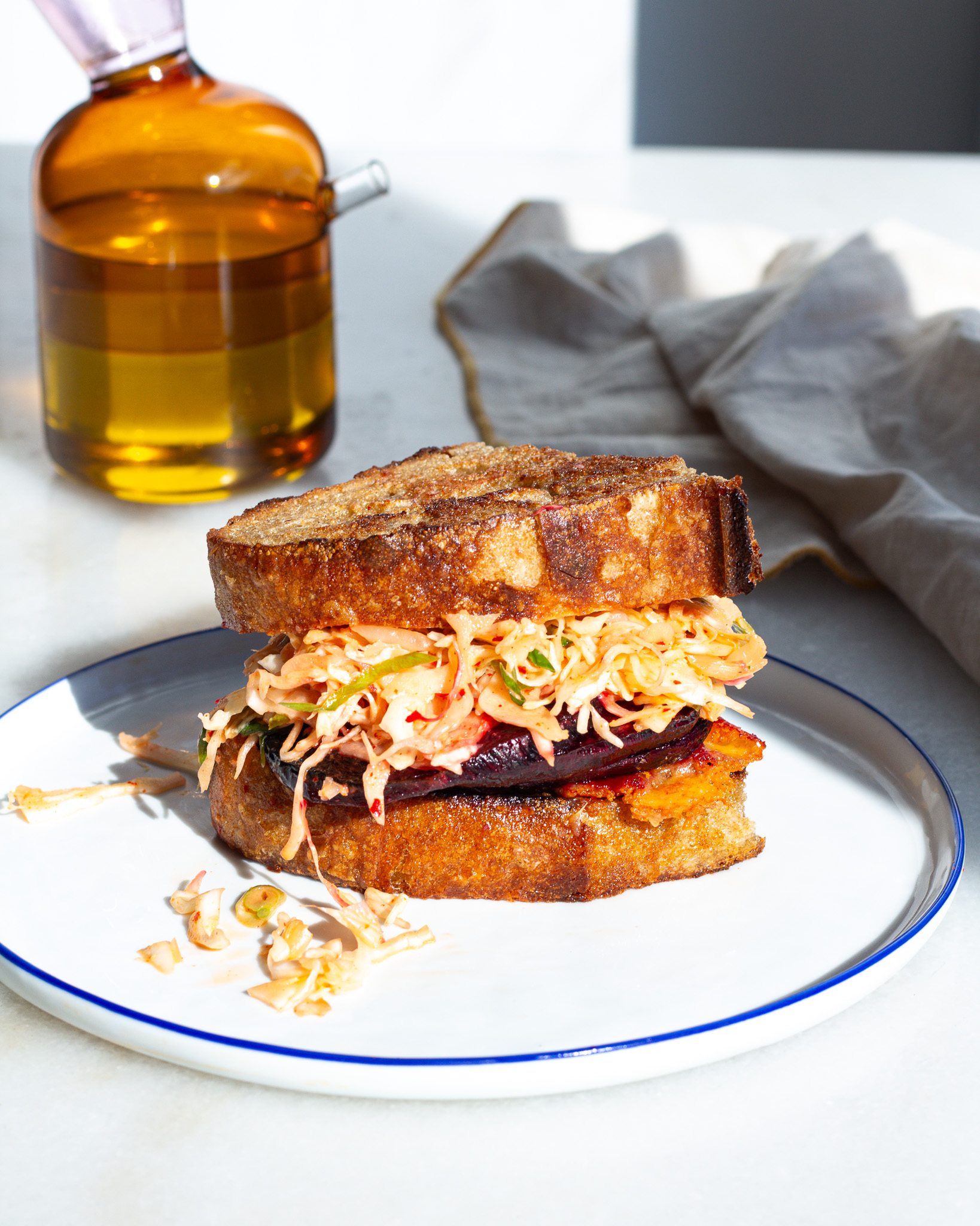 Seared Beet Sandwich with Kimchi Slaw & Cheddar - Justine Doiron