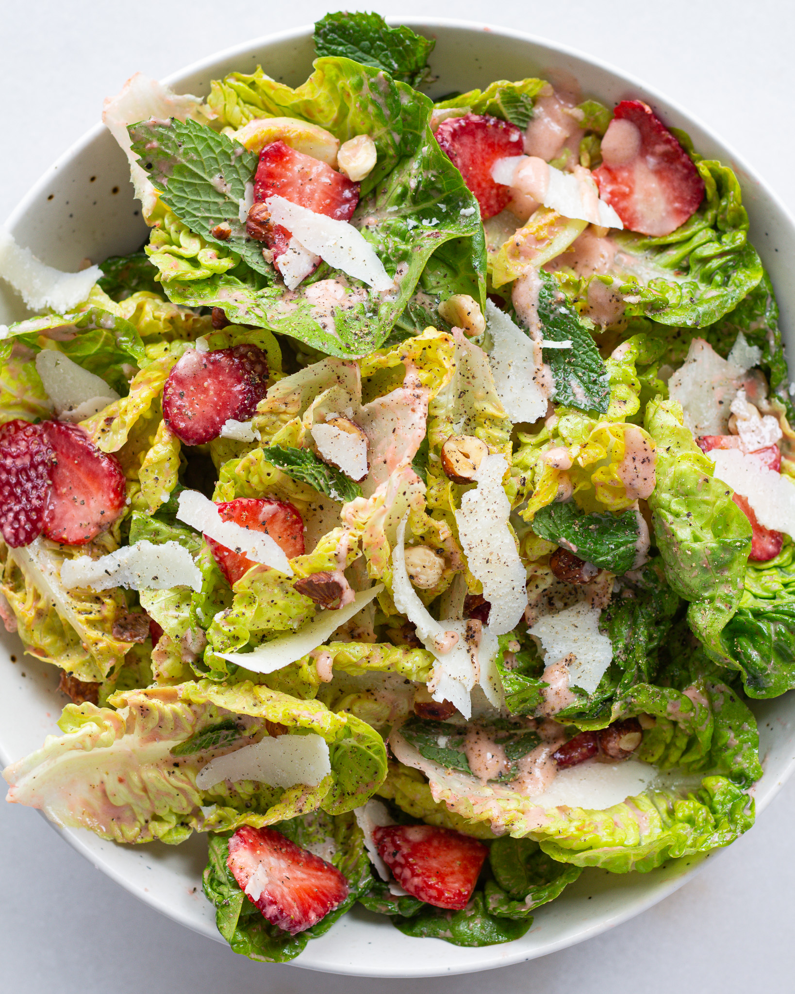 Rhubarb Salad with Little Gems, Hazelnuts & Parmesan - Justine Doiron